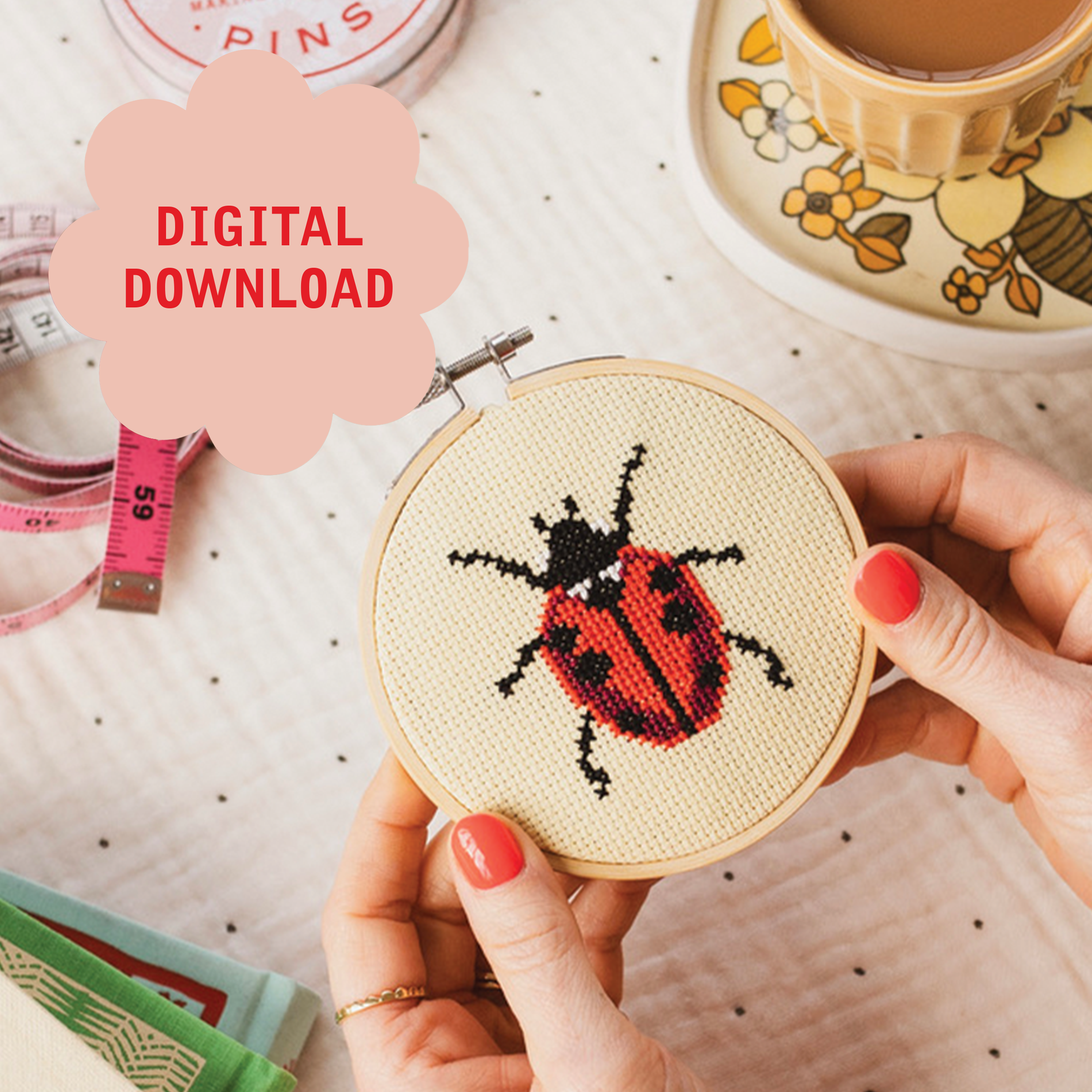 LadyBird Cross Stitch PDF Pattern – Instant Download – Cotton Clara